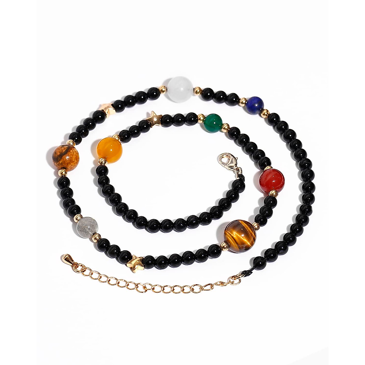 Jewever The Eight Planets Guardian Star Choker Necklace for Women Black Agate Beaded Crystal Necklace Universe Galaxy Healing Crystals and Gemstones (16"+2")