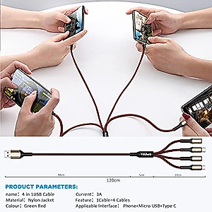 [ 2Pack 4FT] Multi Charging Cable Nylon Braided Universal 4 in 1 Multiple USB Cable Fast Charging ,With Dual Phone/USB-C/Micro-USB Port Adapter, Compatible with Cell Phones Tablets Universal Use
