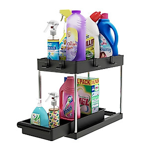 QualiapeX 2-Tier Under Sink Organizer, Kitchen Organization, Cabinet Storage Drawer Organizer with Hooks, Dividers, Handles, Bathroom Organizer, Easy-Grip & Hold-Out Sliding Drawer (Black 1 Pack)