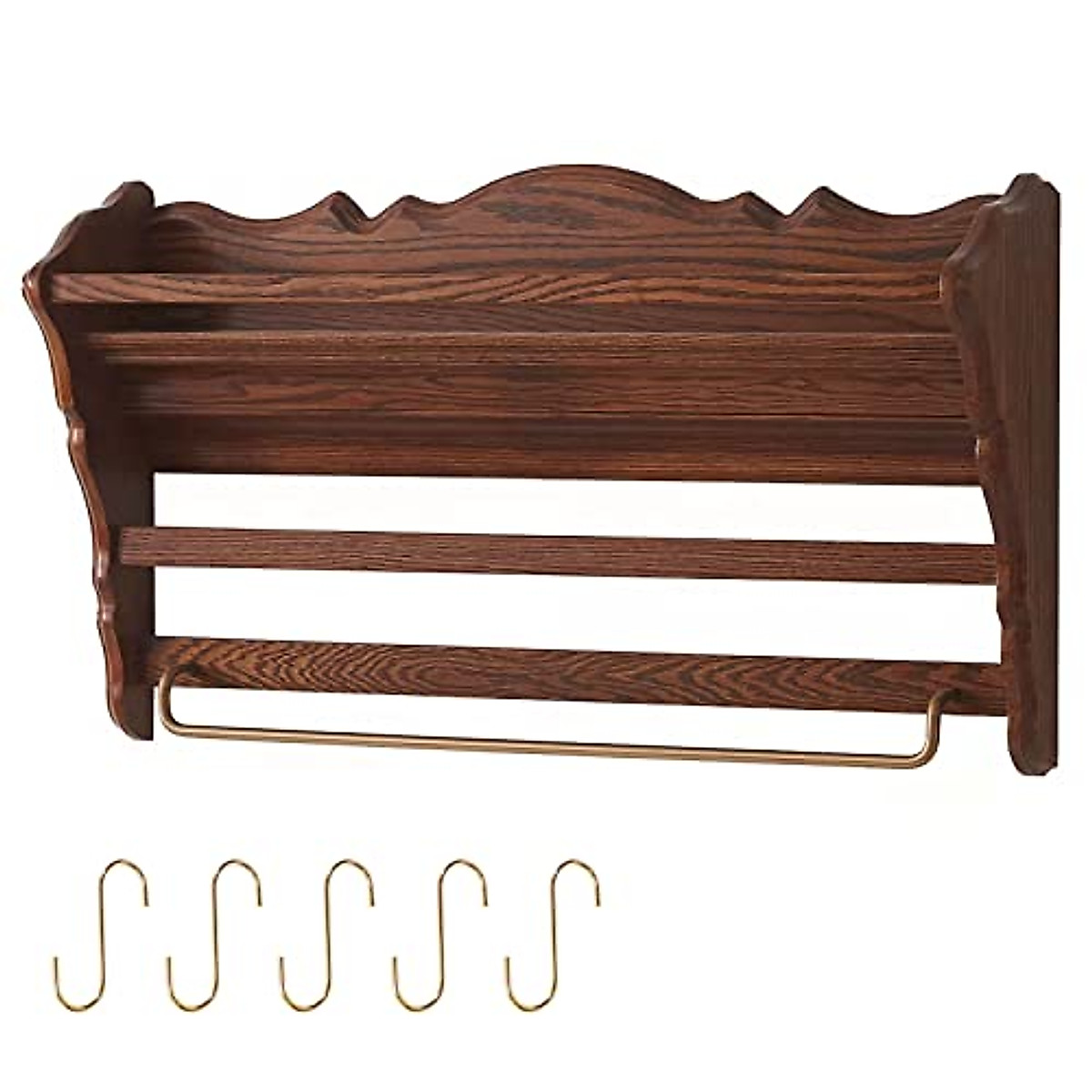 Wooden Rustic Floating Shelf, Wood Floating Shelf with Towel Holder and 5 Hooks, Farmhouse Wall Shelf for Dishes Books Mail Bill, Entryway Floating Shelf for Kitchen Bedroom Nursery Bathroom