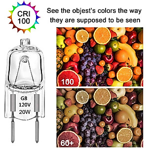 G8 Halogen Light Bulbs 20Watt 120Volt Halogen Bulbs Dimmable 2 Pin Xenon Bulb Warm White 2700K T4 JCD Type G8 Base Bi-Pin Shorter 1-3/8" (1.38") Length Under Cabinet Puck Lighting Replacements, 6Pack