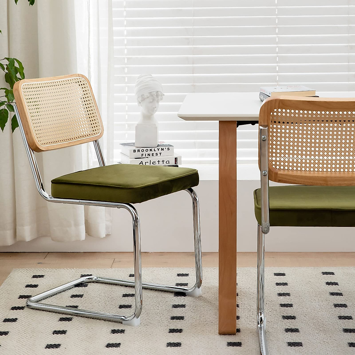 MFFM Dining Chairs Set of 2, Velvet Rattan Side Accent Chairs with Chrome Legs, Modern Mid Century Breuer Designed Chairs, Upholstered Dining Living Room Kitchen Chairs (Olive Green-2pcs)