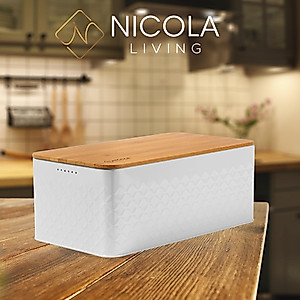 White Bread Box For Kitchen Countertop - Bread Box With Bamboo Wood Cutting Board Lid - Farmhouse White Bread Boxes - Metal Large Bread Box Modern Style To Extend Freshness - Bread Storage Container