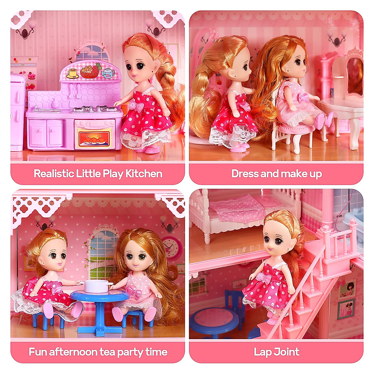 CUTE STONE Dollhouse, Doll House with Flashing Lights, Pretend Play Toddler Dollhouse Sets with 2 Dolls, Furniture, 8 Rooms and Doll Accessories, Creative Gift for Girls, L32 xH23
