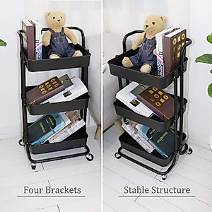 Piowio 3 Tier Utility Rolling Cart Multifunction Organizer Shelf Storage Cart with Handle and Lockable Wheels for Home Kitchen Bathroom Laundry Room Office Store etc. (Black)