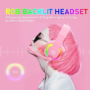 Gaming Headset with Microphone for PS4 PC Xbox One PS5 Controller,Noise Cancelling Over Ear Headphones with Adjustable Mic,Breathing RGB Light,Bass Surround,Soft Memory Earmuffs for Laptop Mac(Pink)