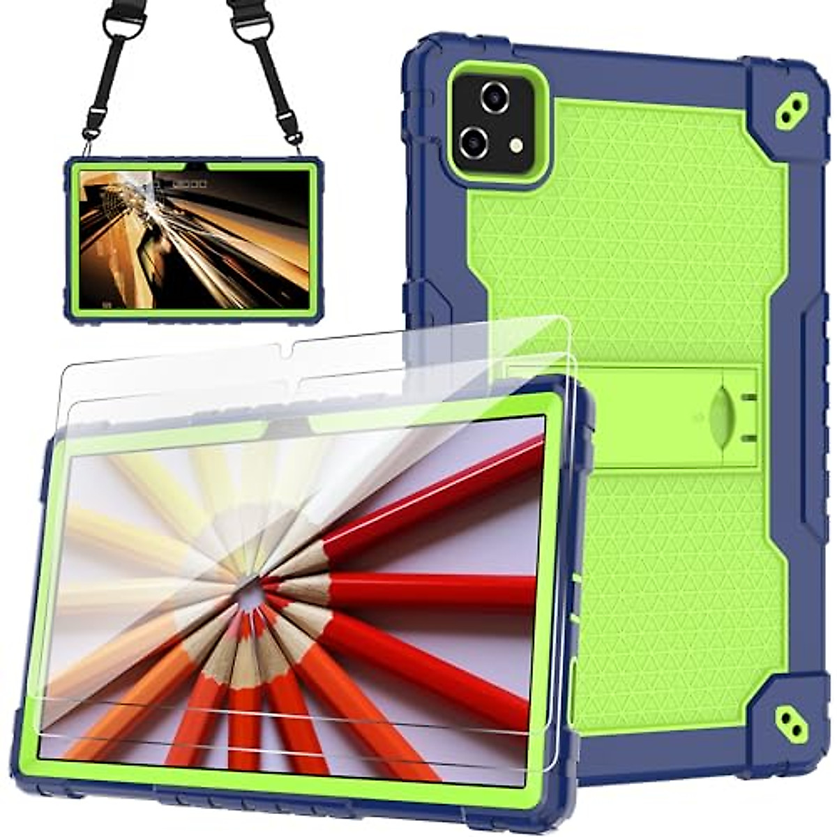SOATUTO for T-Mobile Revvl Tab 5G Come with Tempered Glass Screen Protector Film Tablet Case with Kickstand/Shoulder Strap Kids Friendly Shell Fit for T-Mobile Revvl 10.36 inch (Navy+Green/2 Pcs)