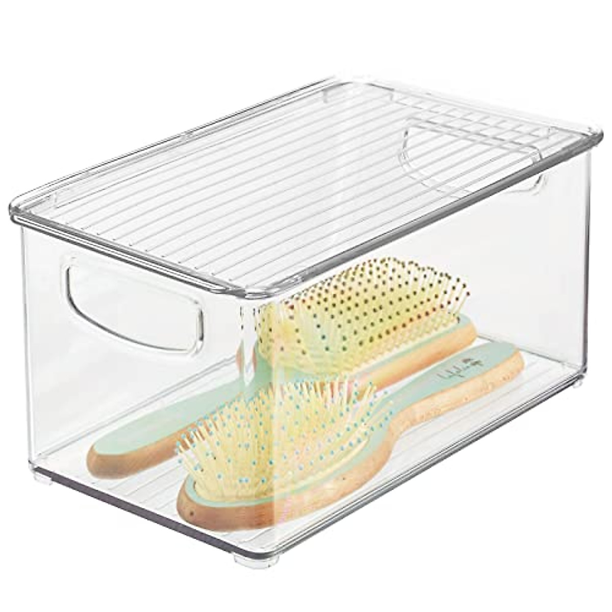 mDesign Deep Plastic Bathroom Storage Bin Box, Lid/Built-in Handles, Organization for Makeup, Hair Styling Tools, Toiletry Accessories in Cabinet, Shelves, Ligne Collection, 8 Pack, Clear