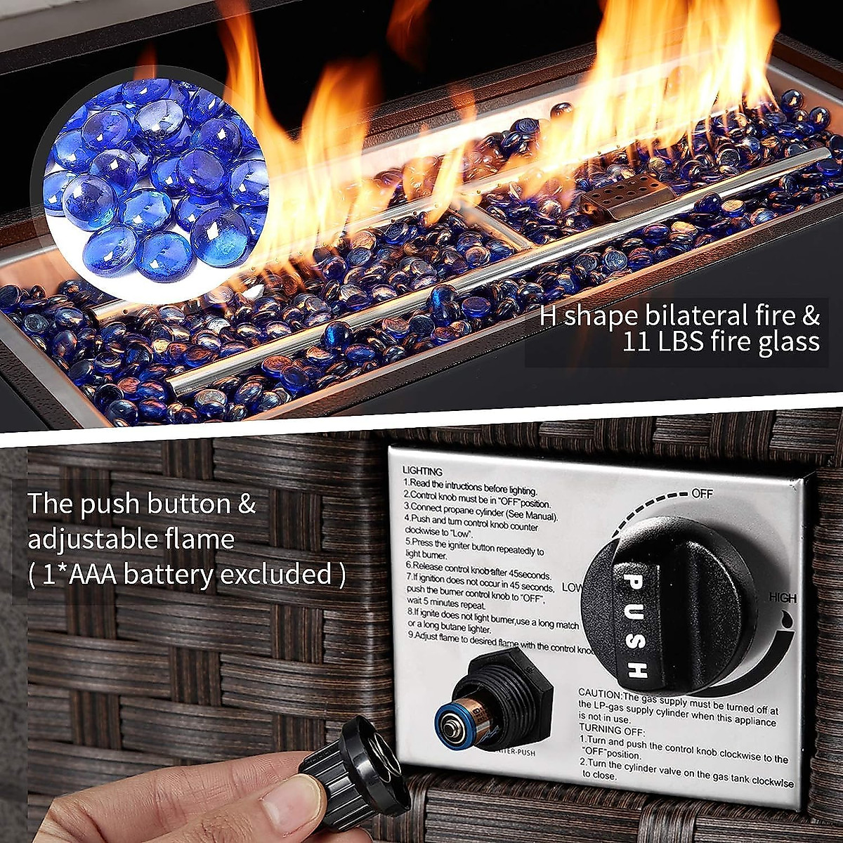U-MAX 44in Outdoor Propane Gas Fire Pit Table, 50,000 BTU Auto-Ignition Gas Firepit with Glass Wind Guard, Black Tempered Glass Tabletop & Blue Glass Rock, Brown PE Rattan, CSA Certification