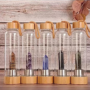 GPPSUNGD Crystal Glass Water Bottle Natural Crystal Energy Bottle with Gemstone Center Crystal Elixir Bottle for Healing and Wellness (Purple)