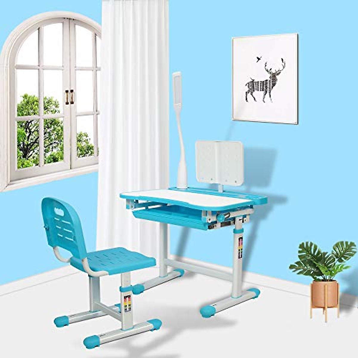 Gowxil Kids Study Desk and Chair Set, Multi Functional Height Adjustable Children School Study Desk with Tilt Desktop, Bookstand, LED Light, Metal Hook and Storage Drawer for Boys Girls, Blue