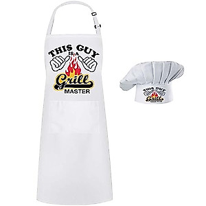Hyzrz Chef Apron Hat Set,This Guy Is A Grill Master,Chef Hat and Apron Adjustable Baker Costume with Pocket Dad Apron for Kitchen Grill BBQ Men and Women Father's Gift (White)