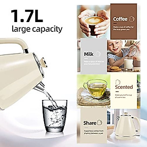 Pateyney Electric Kettle,Tea kettle,1.7 Litre retro style kettle,Kitchen Countertop Coffee Tea Hot Water Kettle,Double Wall 304 Stainless Steel BPA Free Hot Water Boiler,Auto Shut-Off and Boil-Dry Protection (Cream)
