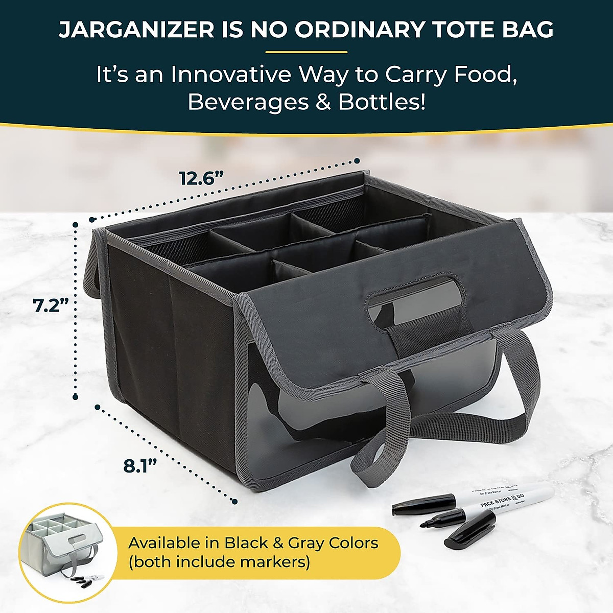[2-Pack] Jar Organizer 6 Jar Protective Bag Carrier – Sturdy Foldable and Stackable Tote Bag with Handles, Removable Padded Divider for Securely Storing, Carrying Ball Canning Jars, Cups, Tumblers