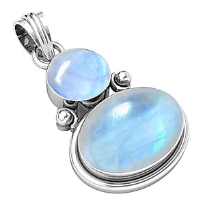 JEWELOPORIUM 925 Sterling Silver Pendant for Women White Natural Rainbow Moonstone Gemstone Vintage Silver Pendant Necklace Halloween - Gift Solitaire Jewelry