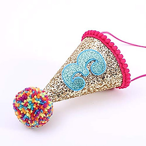 Baby's Cone Hat for 3rd Birthday Celebration - Colored Fur Balls Glitter Crown Cap with Handmade Details for Girls/Boys