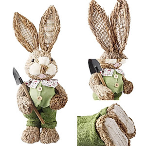 Alapaste Standing Easter Bunny Figures,14.2inch Funny Sisal Easter Bunny Holding Shovel Wearing Green Nest for Party and Home Garden Decor, for Kids