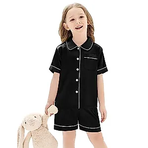 SWOMOG Kids Satin Pajama Set Size 6-7 Girls Boys Button Down Sleepwear Silk Pjs Set Short Sleeve 2 Pcs Summer Outfits Shorts Set Black