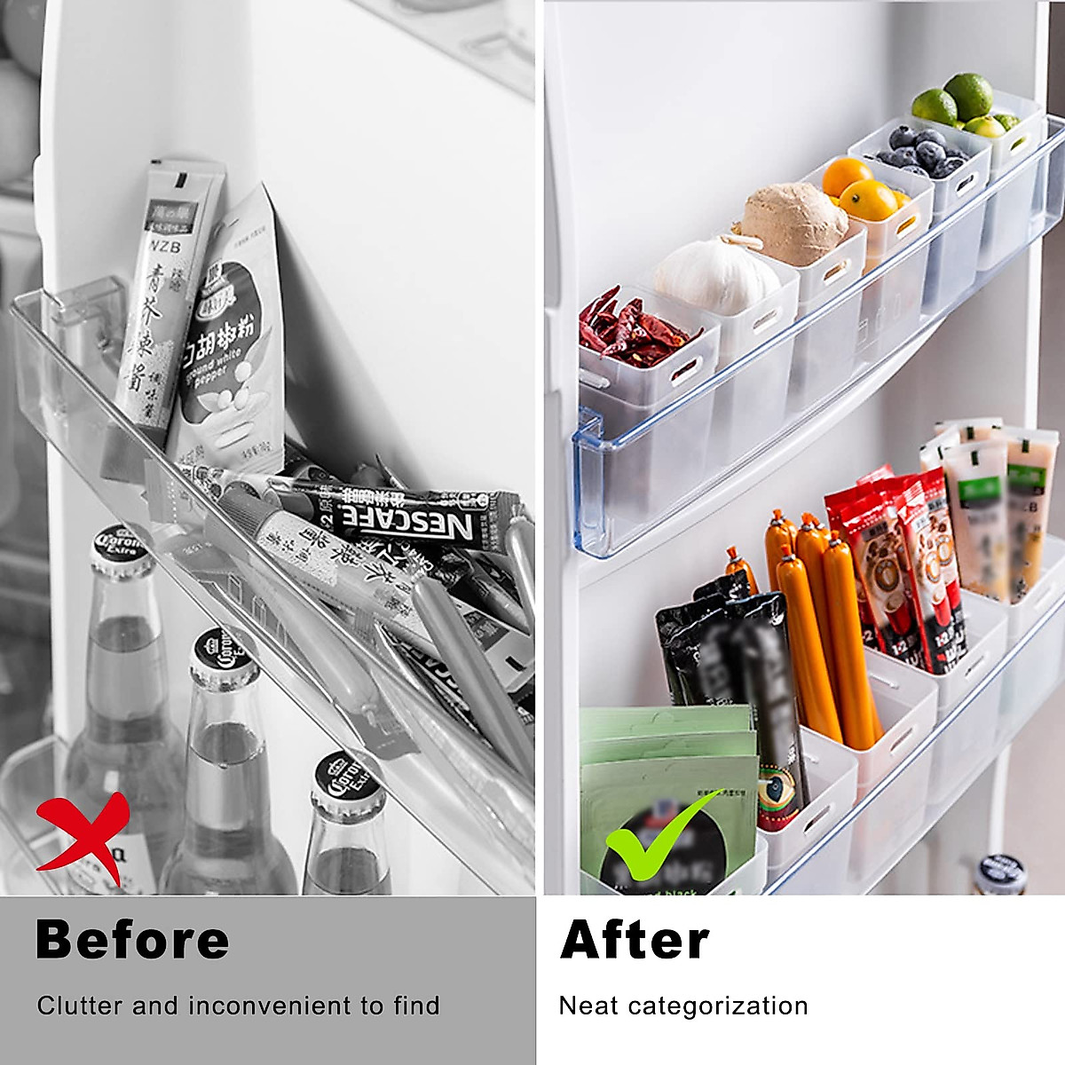 Klyuqoz Fridge Door Organizer, Refrigerator Organizer Pack of 4, Plastic Mini Fridge Accessories for Fridge Counter Desktop Cabinet Kitchen Organization Storage, 2 Large and 2 Small