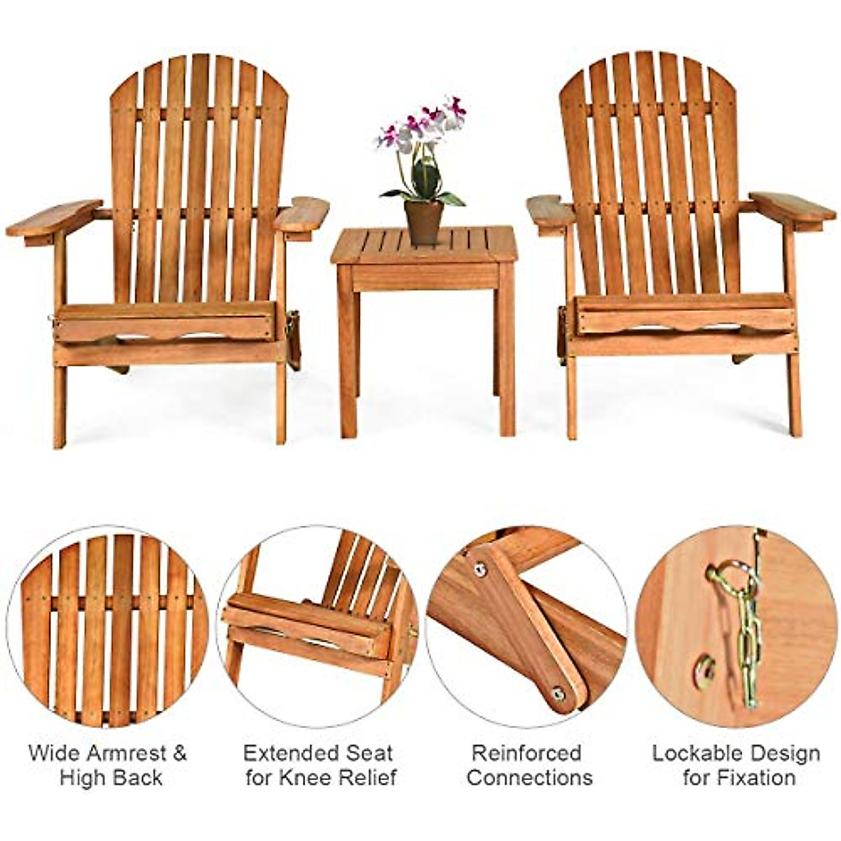 ReunionG 3Pcs Adirondack Chair and Table Set, Outdoor Wooden Lounger Chairs Set w/Widened Armrest, Eucalyptus Frame, Natural Finish, Foldable Chatting Furniture Set for Indoor, Patio and Garden