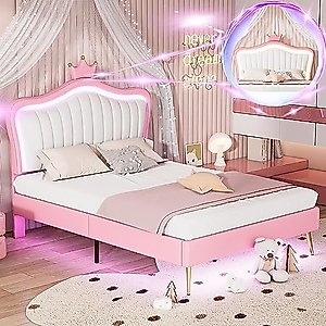Linique Queen Size Upholstered Bed Frame with LED Lights, Modern Upholstered Princess Bed with Crown Headboard, White+Pink