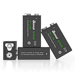BONAI Rechargeable 9V Batteries 600mAh High Capacity 9V Rechargeable Batteries,(4 Pack) 9 Volt Lithium Batteries for Smoke Alarms Metal Detector etc - Long-Lasting & Economical