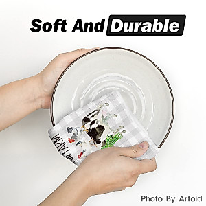 Artoid Mode Cattle Sheep Chickens Duck Farm Sweet Farm Kitchen Towels Dish Towels, 18x26 Inch Buffalo Plaid Leaves Decoration Hand Towels Set of 4