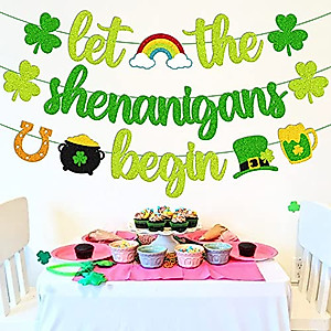 St Patrick Day Banner Let the Shenanigans Begin Banner Irish Day Party Decoration Glitter Green Three Leaf Clover Shamrock Garland for St Patrick Decor Lucky Themed Birthday Engagement Baby Shower Bachelorette Party Anniversary Celebration Supplies