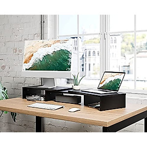 FITUEYES Dual Monitor Stand - Adjustable Wood Riser | 2 Monitors