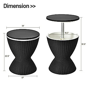 Tangkula Outdoor Cool Bar Table, Rattan Style Patio 8 Gallon Beer and Wine Cooler, All-Weather Ice Bucket w/Height Adjustable Top, Drainage Plug, 3-in-1 Cocktail Coffee Table for Party, Picnic (Black)