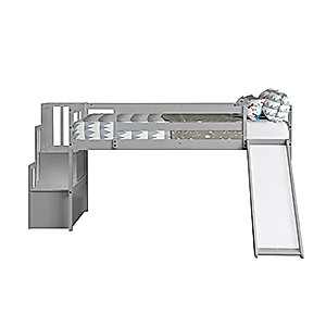 MOEO Twin Size Loft Bed with Slide and Stairs, Wood Bedframe Bedroom Guest Room Furniture,Safety Rail & Storage Shelves for Kids Teens Girls Boys, No Box Spring Needed, Gray