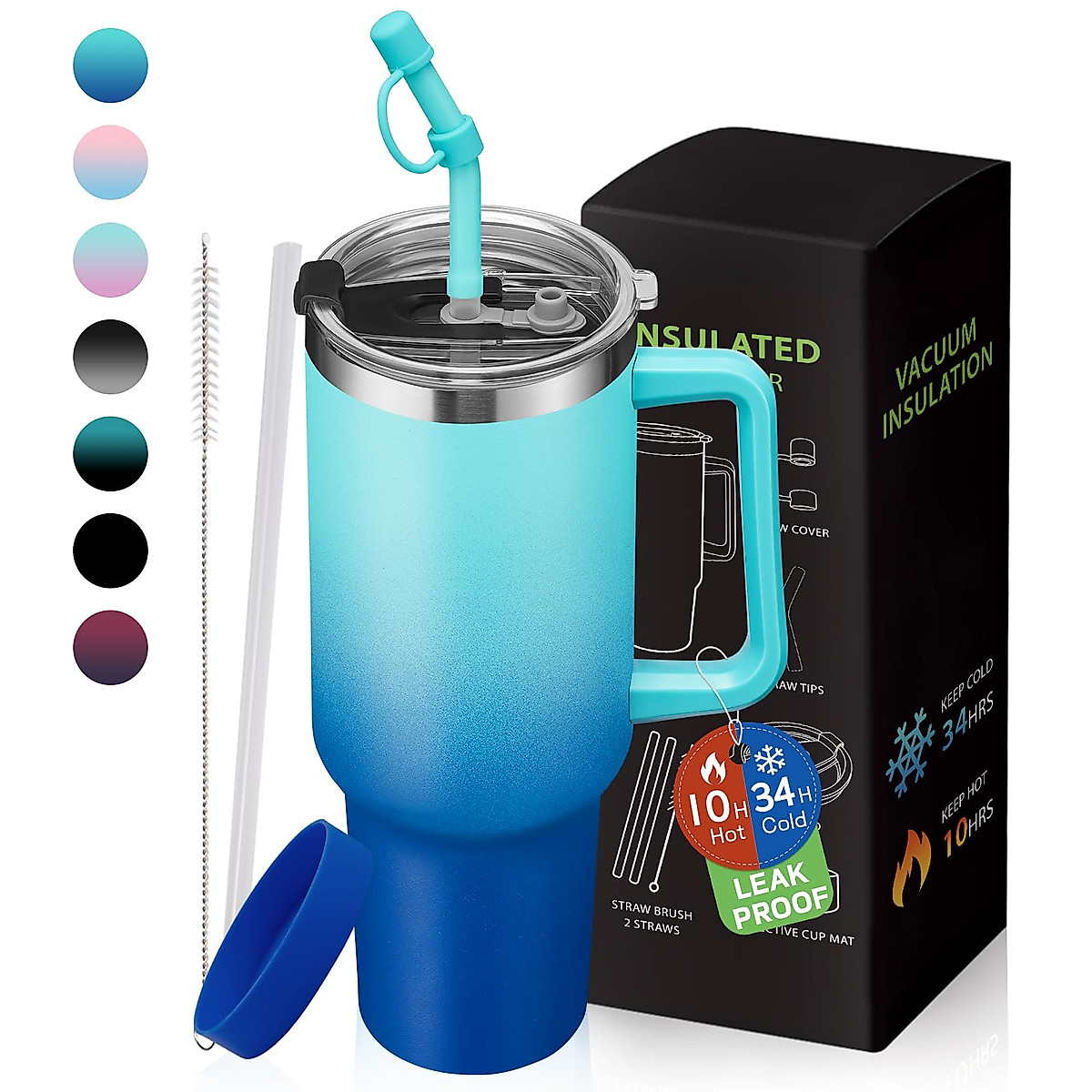 BENZZO 40 oz Tumbler with Handle Straw and 2-in-1 Lid Made of Metal Travel Mug for Easy Grip & Spill Proof, Pop-off Prevention Insulated Cup Gifts for Women, Double Seamless Inner Wall Vacuum Tumbler