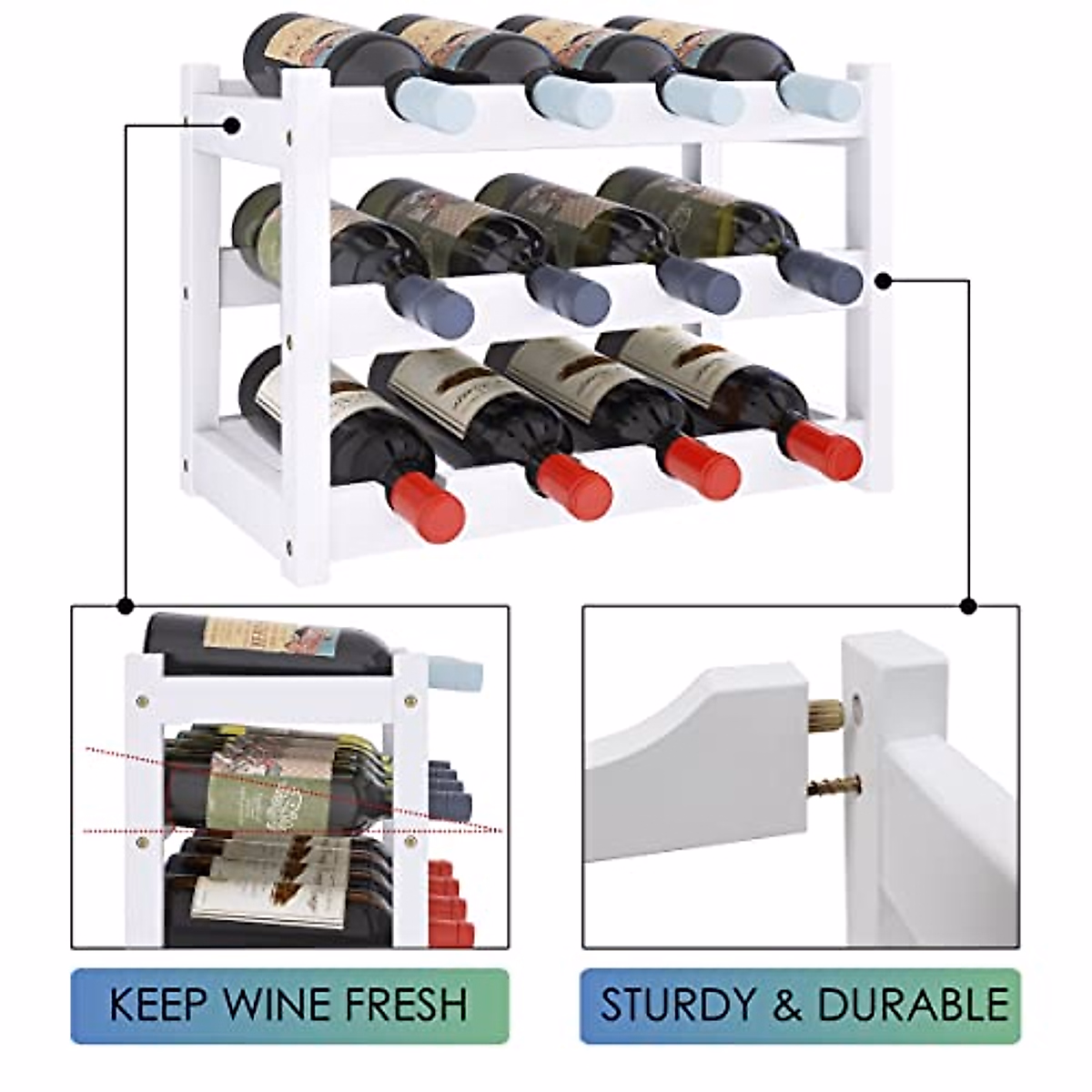 SMIBUY Bamboo Wine Rack, 12 Bottles Display Holder, 3-Tier Free Standing Storage Shelves for Kitchen, Pantry, Cellar, Bar (White)