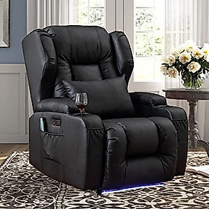 VUYUYU Power Recliner Chair with Heat and Massage, Faux Leather Recliner Sofa Chairs for Living Room Home Theater Seating with LED Lights/Cup Holders/Side Pocket/USB Port/Infinite Position (Black)