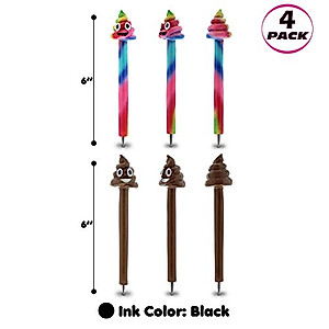 Planet Pens Bundle of Poop Face Emotion & Poop Rainbow Novelty Pens - Unique Kids and Adults Ballpoint Pens Colorful Emotions Writing Instrument For School and Office - 4 Pack