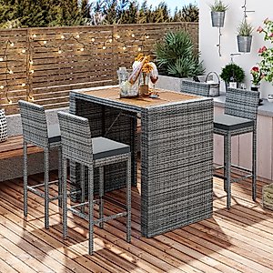 XD Designs 5-Pieces Outdoor Patio Bar Set, All-Weather PE Wicker Counter Height Dining Table Set, Acacia Wood Table Top, Comfort 4 Bar Chairs with Ergonomic Backrests, Footrest and Removable Cushion