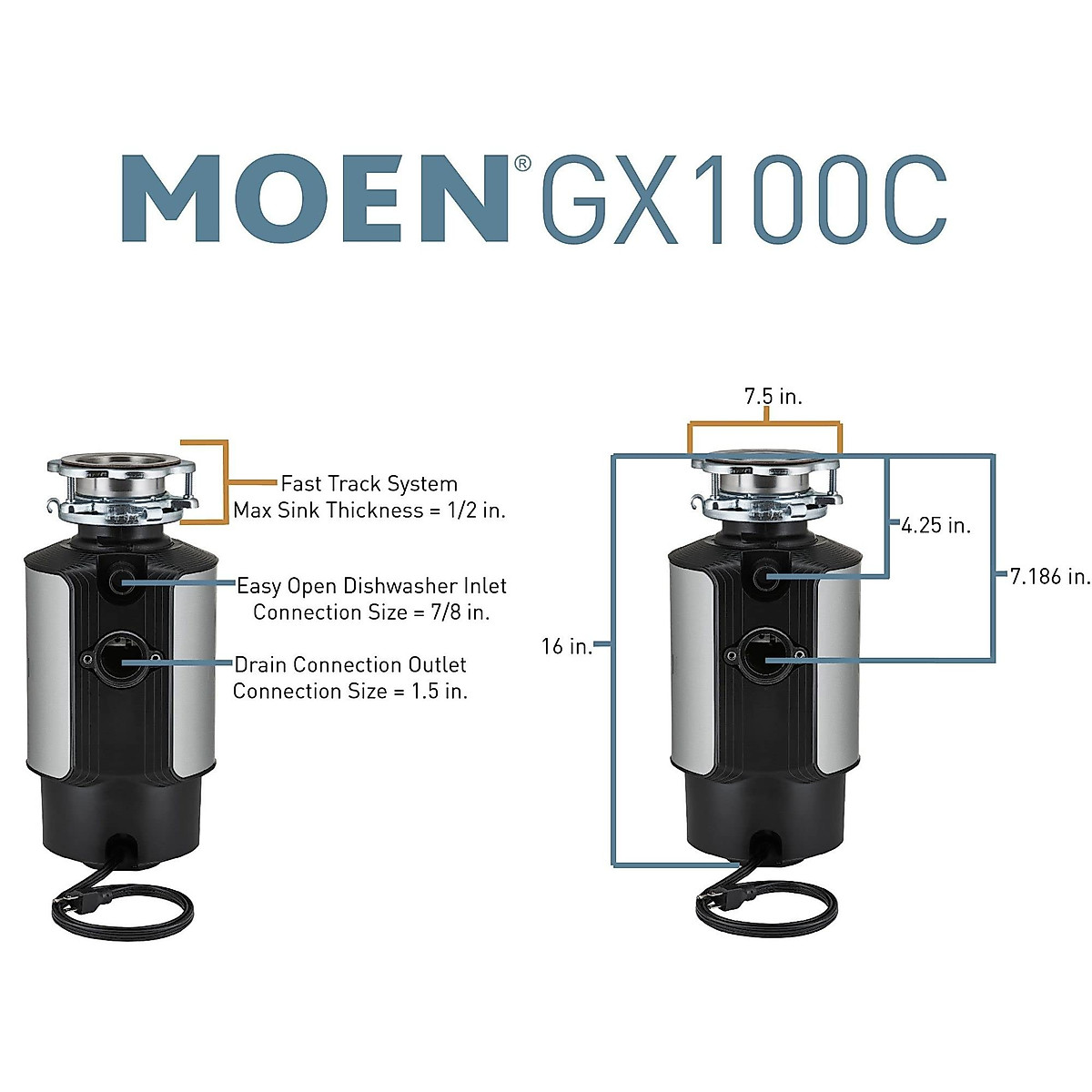 Moen GX100C Chef Series 1 HP Continuous Feed Garbage Disposal with Sound Reduction, Disposer Power Cord Included