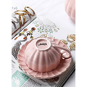 Amazingware Royal Tea Cups and Saucers, with Gold Trim and Gift Box, British Coffee Cups, Porcelain Tea Set, Set of 6 (8 oz)- Pink
