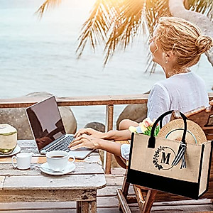 Yougeigy Initial Canvas Beach Bag, Canvas Tote Bag with Zipper Pocket, Embroidery Monogrammed Personalized Gift Bag for Mother Teacher, Bridesmaid Gifts for Women Friends(Letter M)