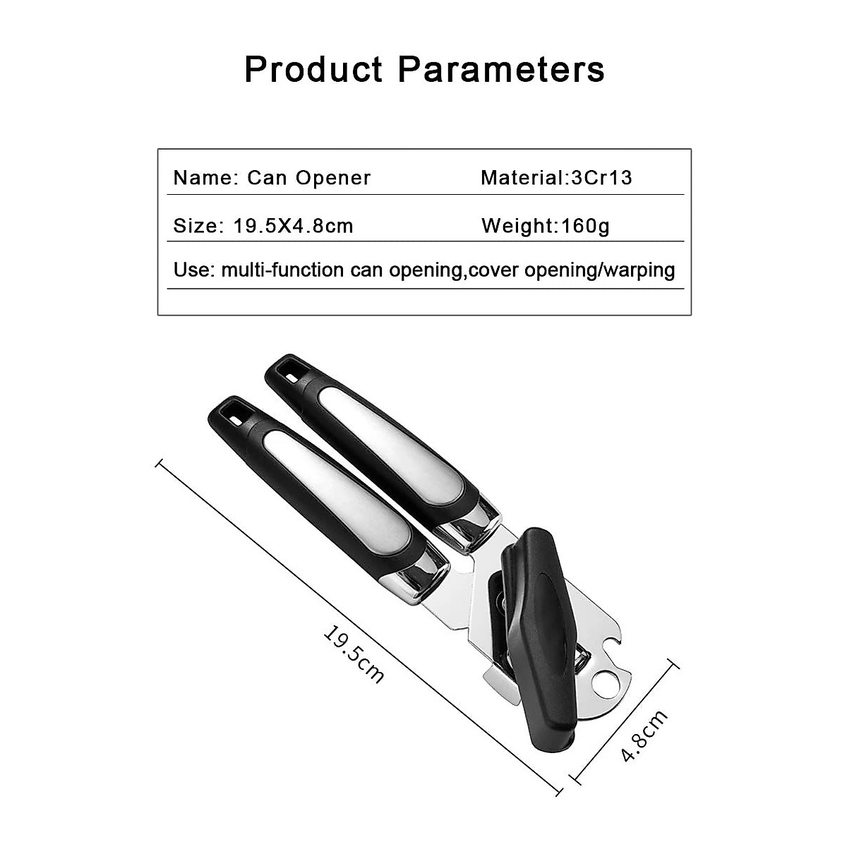 ANDILL Can Opener Manual, Good Grips Anti-slip Hand Grip, Stainless Steel Sharp Blade, with Large Turn Knob, Black/Silver, 8.26 x 2.36 x 2