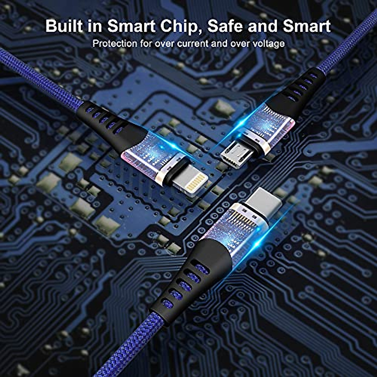 Bawanfa Multi 3 in 1 USB Long Charger Cable, 3M/10Ft 6A PD Fast Braided Charging Cord, Universal Multiple Ports Long Charging Cable with USB C/Micro USB/Lightning Connector