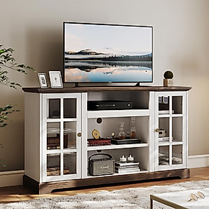 HolliWill White TV Stand, Entertainment Center for 65 inch TV, 58" Modern Farmhouse TV Stand with Glass Door, Tall TV Console or Storage Cabinet for Living Room,White&Brown