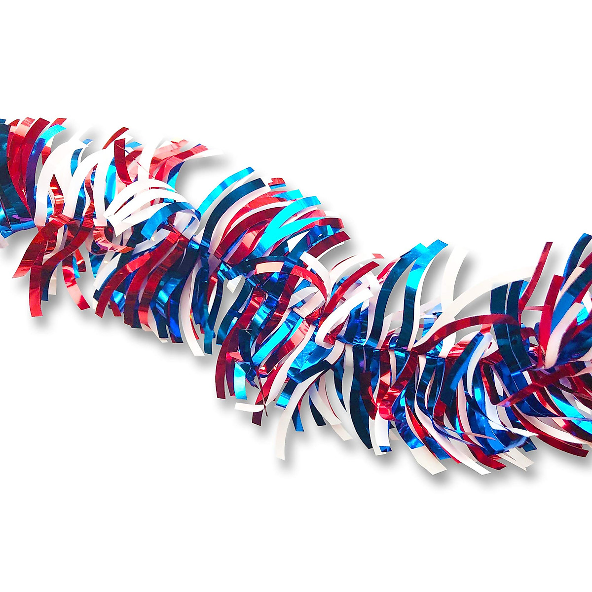 Patriotic Garland Decorations (2 Pack, 9 ft Each) - Tinsel in Metallic Red White and Blue for 4th of July Party, Veterans Day, Labor Day Holiday and More