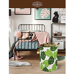 HUNRUNG Laundry Hamper,Large Canvas Fabric Lightweight Storage Basket Toy Organizer Dirty Clothes Collapsible Waterproof for College Dorms, Children Bedroom,Bathroom (Round Leaf)