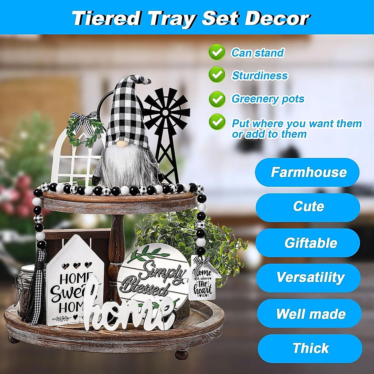 Qvutkve Tiered Tray Decor 16 Pcs, Farmhouse Decor Set, Stereoscopic Exquisite Relief Design Sign Rustic Table Ornaments for Kitchen Table Decoration, Gift