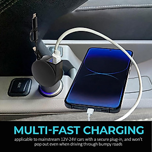 Retractable Car Charger (2.62 ft) - 3 in 1 Fast Car Charge with 66W, Compatible with iPhone, iPad, Samsung and Android