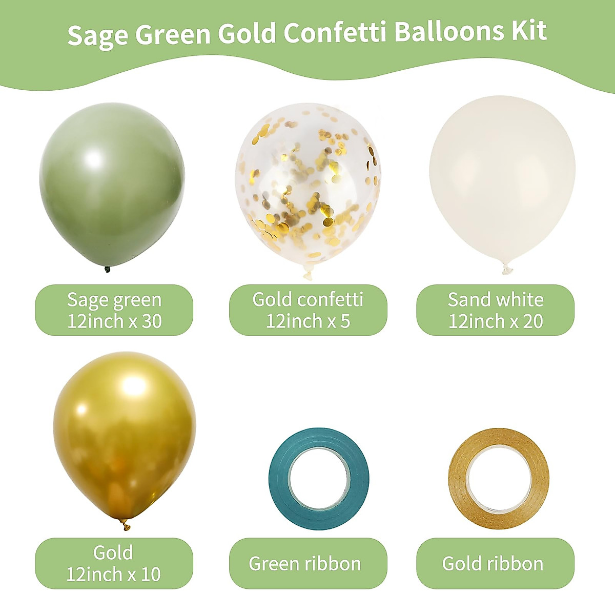 RUBFAC 65 Pcs 12 Inches Sage Green Gold Confetti Balloons Kit, Green Gold Sand White Party Balloons with Ribbons for Tiana Birthday, Wedding, Baby Shower, Graduation, Eucalyptus Party Decorations