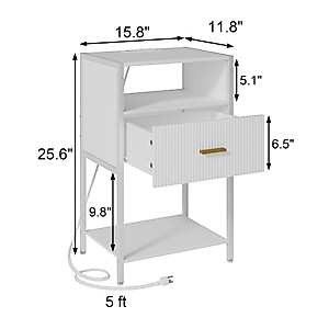 Veegle White Nightstand with Charging Station, Fluted Side Table with Drawer, Modern Bedside Table with Open Shelves for Living Room, Bedroom