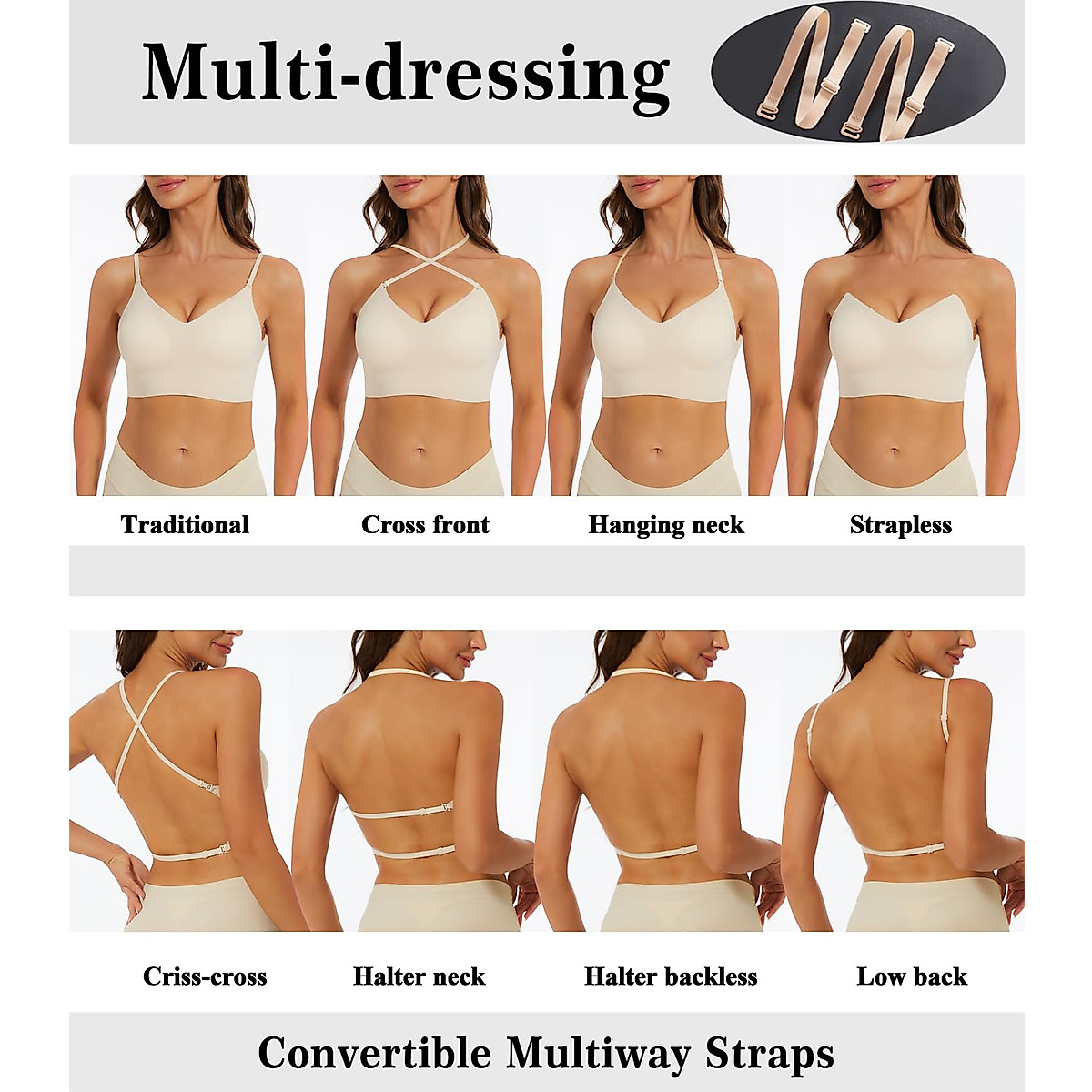 ZITAIMEI Low Back Seamless Bras Multiway Convertible Strap Halter Lifting Bra Spaghetti Strap Wire-Free Padded Backless