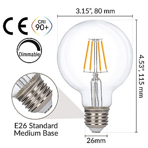 Simba Lighting LED Edison Vintage Vanity Globe Filament G25 (G80) 6W Dimmable 60W Equivalent (3 Pack) 120V Light Bulb for Bathroom Makeup Mirror, Medium E26 Base, CE, RoHS Compliant, Warm White 2700K